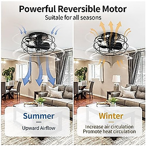 YITAHOME Low Profile Caged Ceiling Fans with Lights Remote Control, 15’’ Small Flush Mount Industrial Fan, Farmhouse Ceiling Fan with 3 Led Bulbs for Living Room, Bedroom, Kitchen, Dining Room, Black