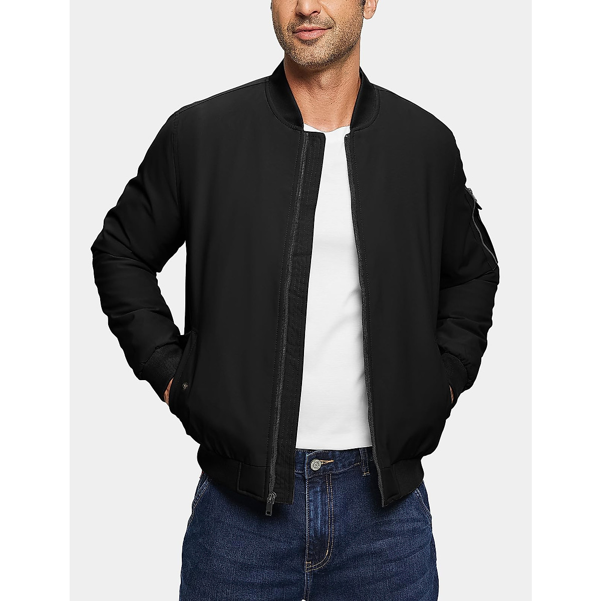 TBMPOY Men's Bomber Jacket Lightweight Winter Windbreaker Zip Up Padded Softshell Windproof Water-Resistant Casual Fall Coat Black XS