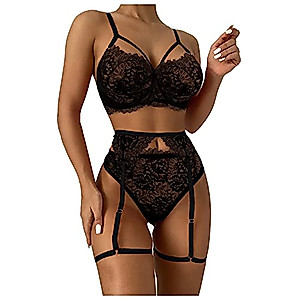 Qopobobo Sexy Lengerie for Women Naughty Lace Garter Lingerie Set with 3pcs Removable Choker Strappy Bra and Panty Set Black
