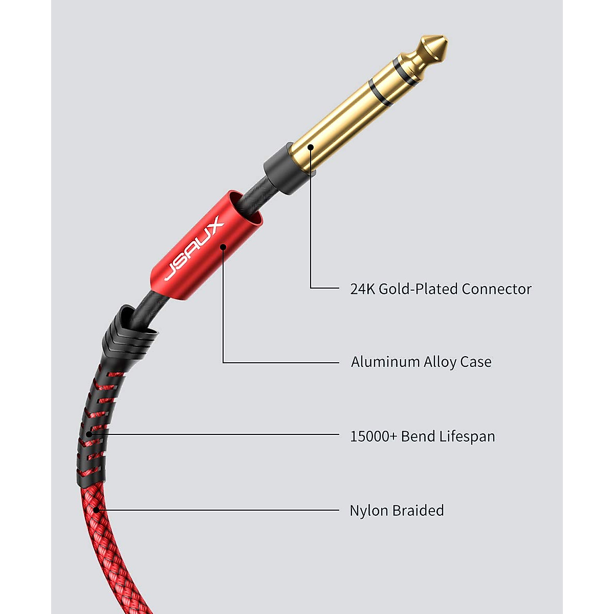 JSAUX 1/4 Inch Cable Guitar Cable 10FT, Instrument Cable 6.35mm (1/4) TRS to 6.35mm (1/4) TRS Stereo Audio Cable Male to Male Straight-to-Straight for Electric Guitar, Bass, Mandolin - Red 3M