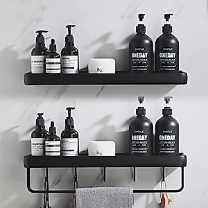 AZZXZQYU Shower Caddy Shower Organizer Shower Shelves with 5 Hooks and 1 Hanging Rod, Without Drilling 2-Piece Space Aluminum Shower Shelf for Bathroom Storage and Kitchen Organization(Black)