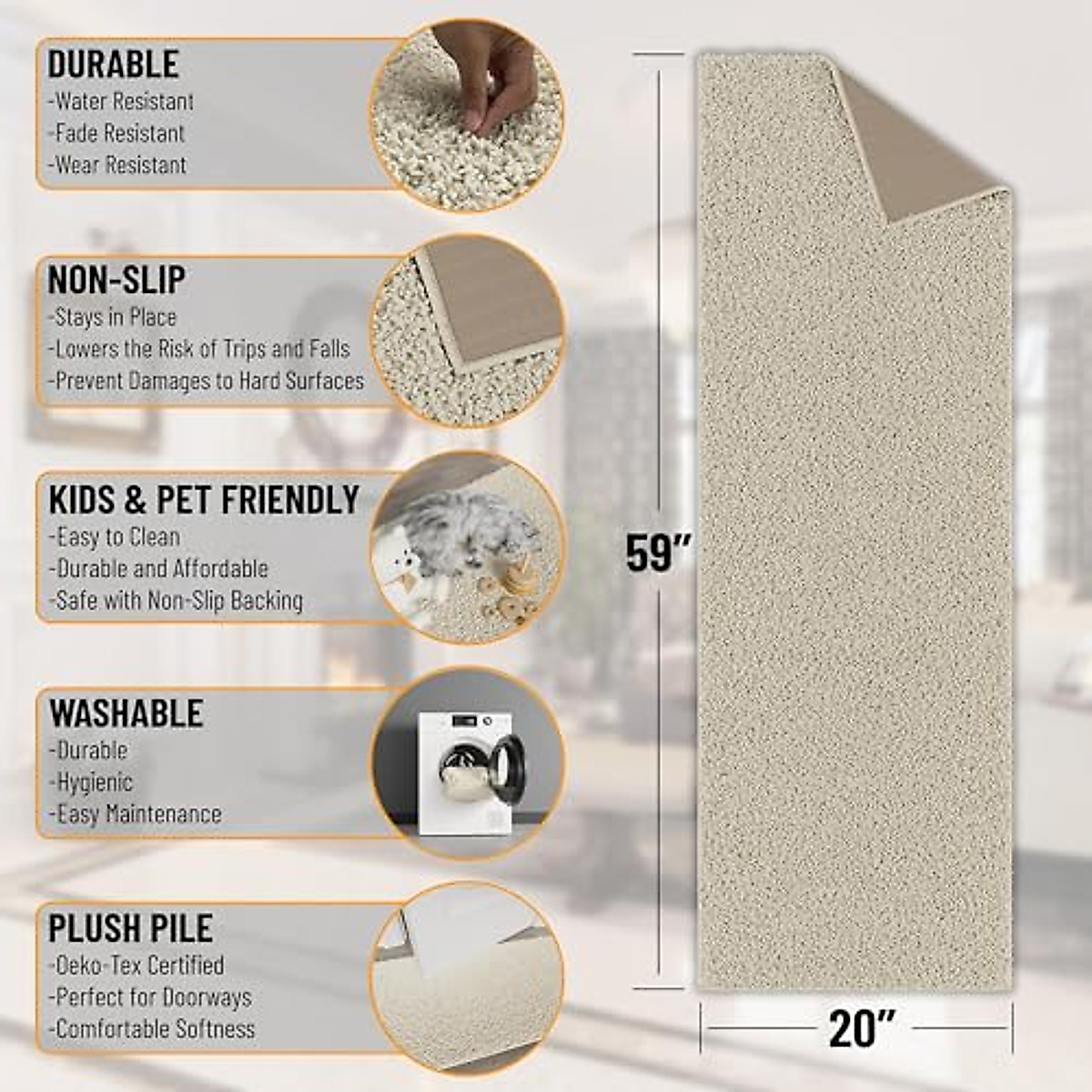 Ottomanson Indoor Solid Shag Design Rubber Back 2x5 Soft Pile Shag Runner Rug for Hallway, Entryway, Kitchen, Living Room, Bedroom, Bathroom, 20" x 59", Cream