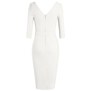 MUXXN Lady Bowknot Tie Pleated Waist Wedding White Tea Length Dress with Sleeves (Off White XL)