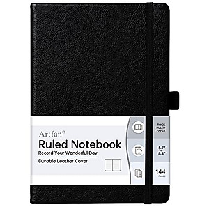 Artfan Ruled Notebook/Journal – Premium Thick Paper Faux Leather Classic Writing Notebook with Pocket + Page Dividers Gifts, Banded, Large, 144 Pages, Hardcover, Lined (5.8 x 8.4) - Black