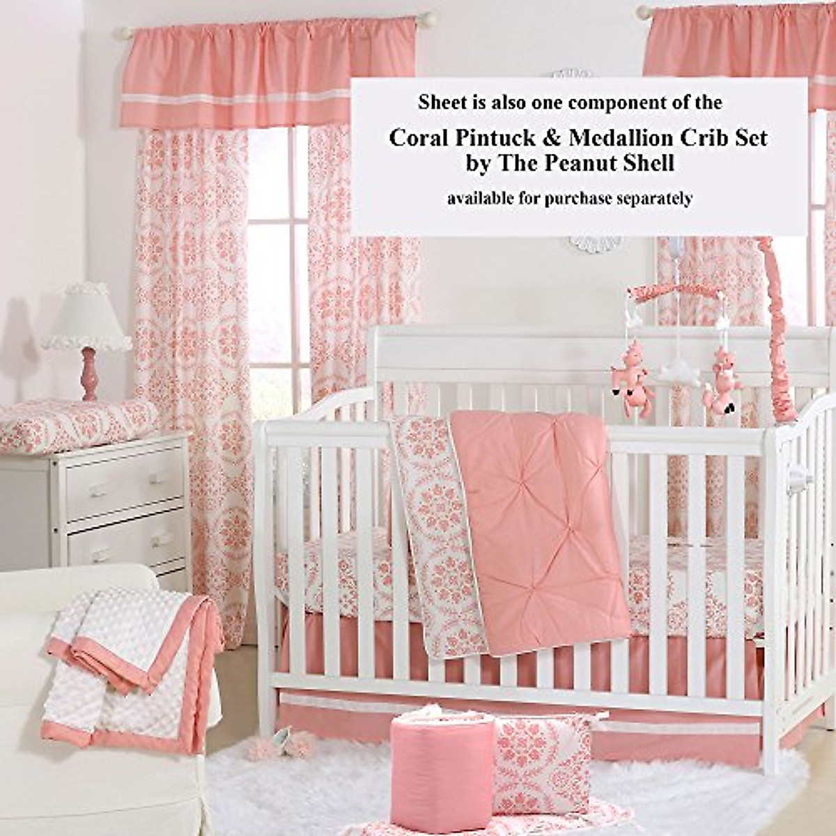 Coral Pink Medallion Fitted Crib Sheet - 100% Cotton Floral Damask Baby Girl Nursery and Toddler Bedding