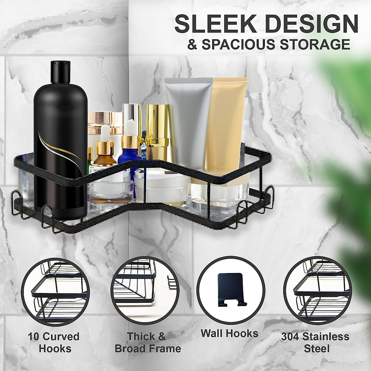 Corner Shower Caddy Organizer Set, Pack of 3 Adhesive Rustproof Stainless Steel Shower Racks with 2 Wall Hooks, Bathroom & Kitchen, Black