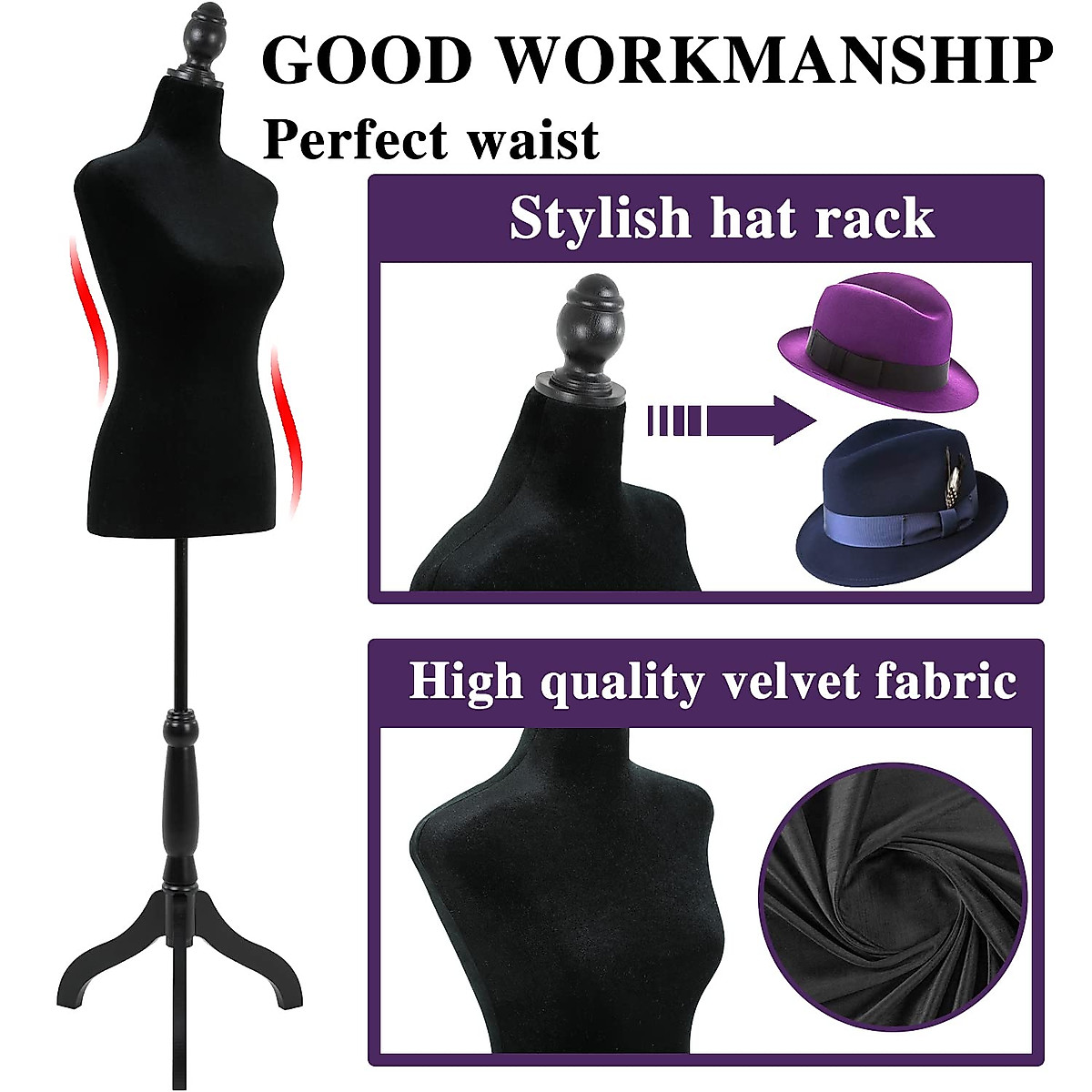 Mannequin Female Mannequin Torso Dress Form 50"-63" for Display Women Mannequin Body Height Adjustable for Sewing Wooden Tripod Base,Foam Body(Black)