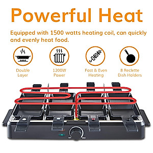 M Minca 1500 Watt Electric Raclette Grill, Korean BBQ Grill, Table Portable 2 in 1 Indoor & Cheese Raclette, Removable Hot Plate, Adjustable Thermostat, with 8 x Mini Cheese Pans & Spatulas