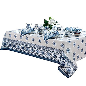 Newbridge Mykonos Blue Mediterranean Tile Bordered Fabric Tablecloth - Blue Medallion Print Indoor/Outdoor, Stain Resistant, No-Iron Tablecloth, 52 Inch x 70 Inch Oblong/Rectangle
