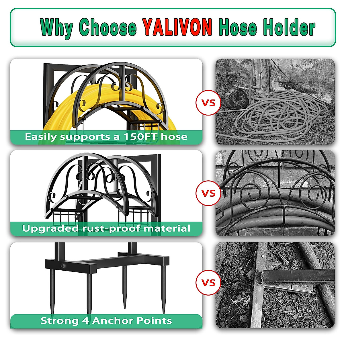 Yalivon Garden Hose Holder Freestanding, Water Hose Holder Hose Hanger Heavy Duty Metal Hose Stand Holds 160-feet Hose, Outdoor Hose Organizer Sturdy Garden Hose Storage Rack for Outside