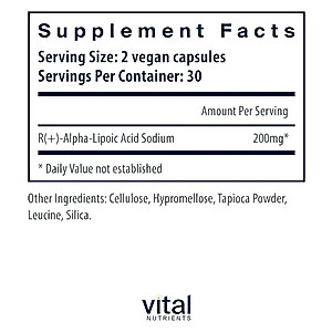 Vital Nutrients - Alpha Lipoic Acid - Multi-Purpose Nutrient with Powerful Antioxidant Properties - 60 Vegetarian Capsules per Bottle - 200 mg