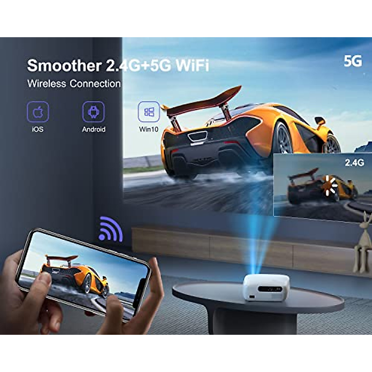 [Auto Keystone] 5G WiFi Bluetooth 5.2 Projector, WiMiUS Upgrade K7 550 ANSI Lumen Full HD 4K Projector Outdoor Projector, Zoom, 500'' Display 6D Keystone, 4D,4P Home Theater Projector (Brightest)
