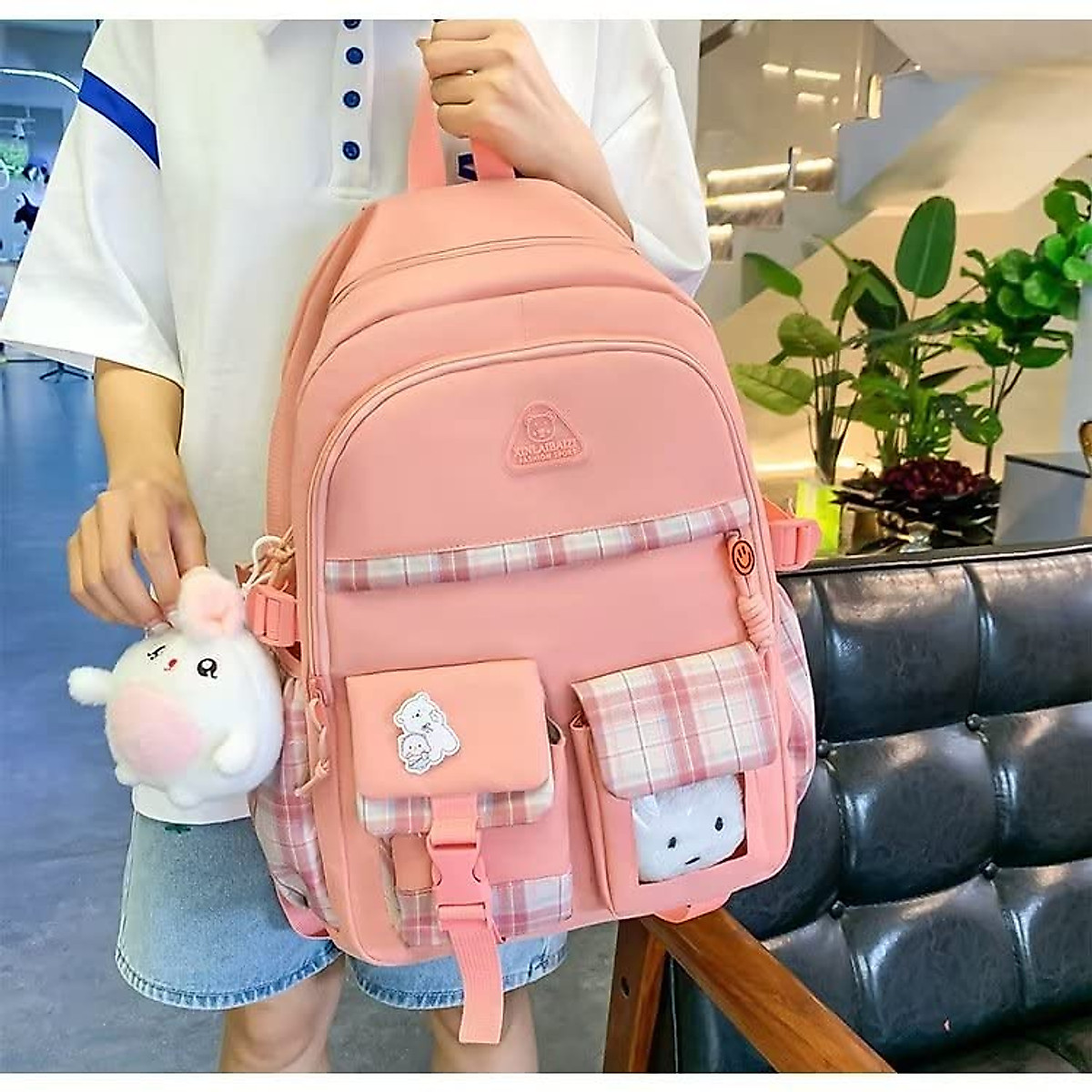HCOOLE Kawaii Backpack 5Pcs Set with cute plush Pendants & Badge,19 gallon High capacity School Bag Cute Aesthetic Backpack