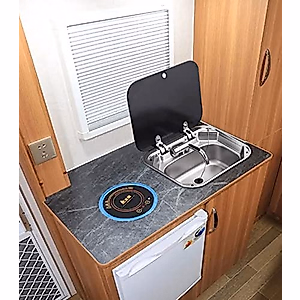 RV Sink Kitchen Bar Sink RV Stainless Steel Hand Wash Basin Sink with Folded Faucet Tempered Glass Lid Washbasin for Camper, Trailer, Caravan, RV, Home, Cafe, Bar, Boat