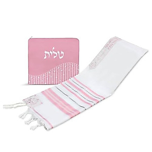 Zion Judaica Pink and Silver Stripped Tallit Prayer Shawl Pink Imprinted Zippered Talis Bag Tied Kosher Tzitzit Tallis Gadol 18" x 72" Bat Mitzvah Girl Torah Reading Talith Scarf Jewish Four Corners