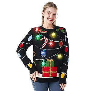 JOYIN Womens LED Light Up String Light Ugly Christmas Sweater Built-in Light Bulbs (X-Large, Black)