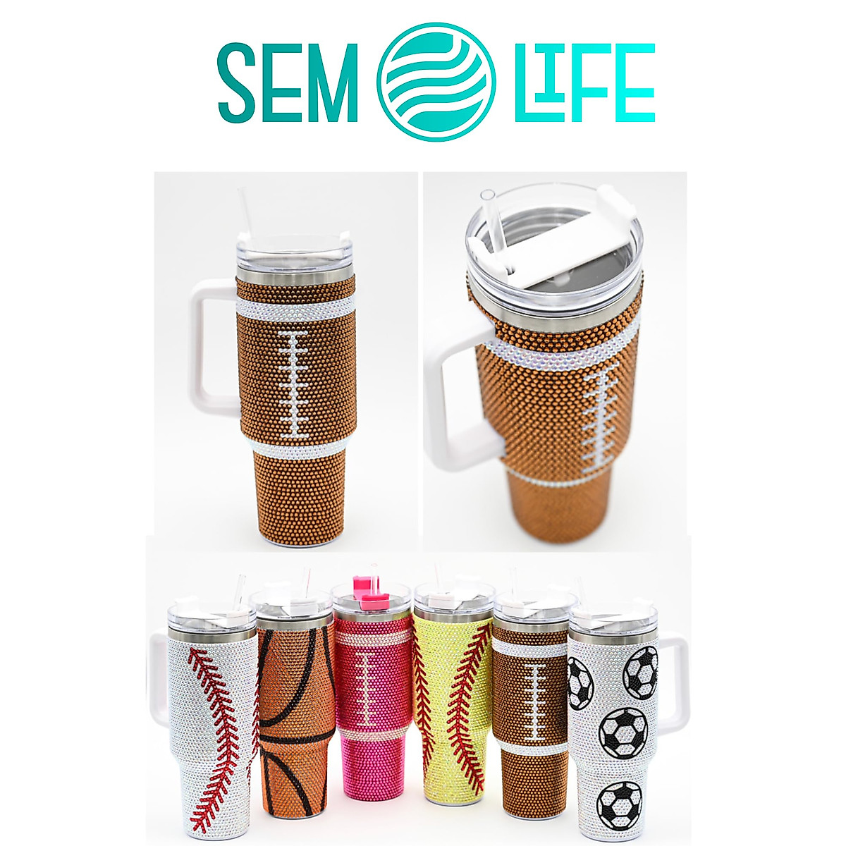 SEM LIFE 40 Oz Rhinestone Bling Tumbler Cup with Handle and Straw (FOOTBALL), Stainless Steel and Double Wall Insulated, Stand Out and Shine at Parties, Ball Games, Tailgating, Office, Daily Life