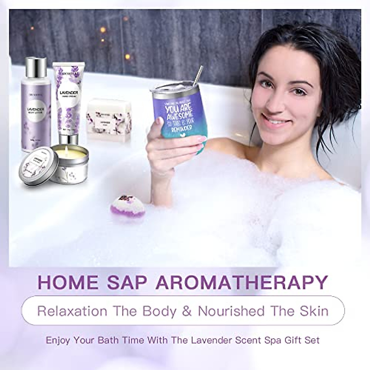 Birthday Gifts for Women Bath and Body Works Gifts Set for Women Spa Gifts Baskets for Women Bubble Bath for Women Lavender Gifts for Women,Mom,Her,Sister,Wife,Auntie Wine Tumbler Purple Womens Gifts