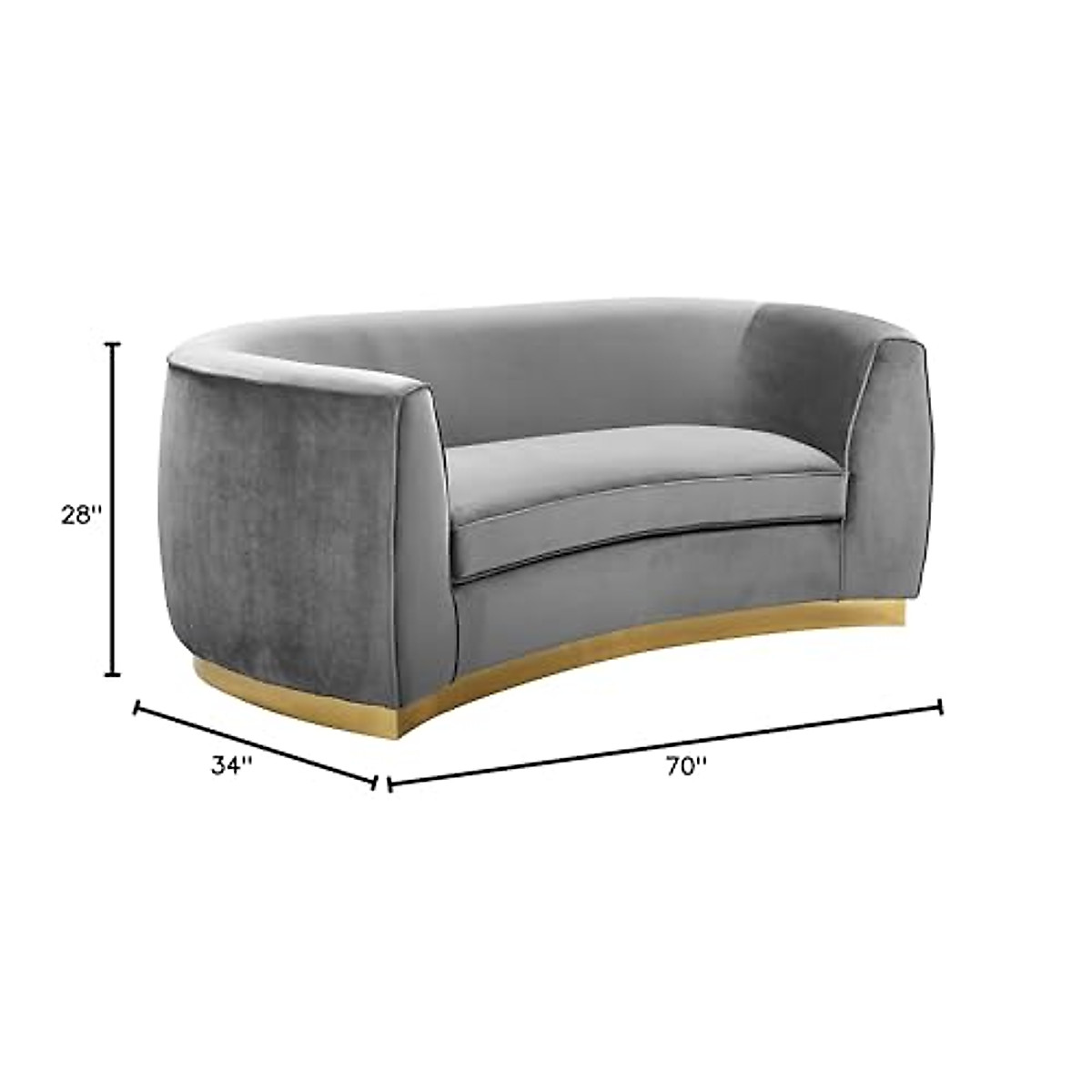 Meridian Furniture Julian Collection Modern | Contemporary Velvet Upholstered Loveseat with Stainless Steel Base in Rich Gold Finish, Grey, 70" W x 34" D x 28" H