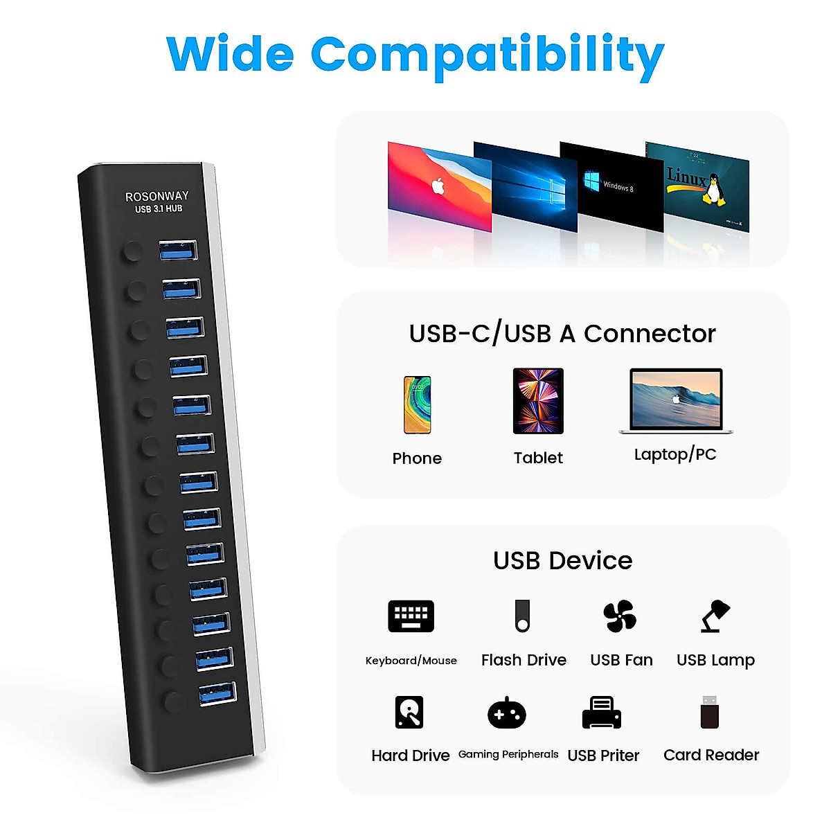 Powered USB Hub Rosonway Aluminum 13 Port USB 3.1/3.2 Gen 2 Hub 10Gbps with 72W (12V/6A) Power Adapter and Individual Switches, Type A and Type C Cables, USB C Hub Expander for PC and Laptop, RSH-A13