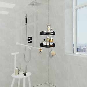 Dr.DJ Matte Black Corner Shower Shelf,Corner Shower Caddy, Adhesive Bathroom Shelf Wall Mounted,No Drilling Shower Shelf for Inside Shower,With 4 Hooks,For Bathroom,Kitchen,Restroom (2 PACK)