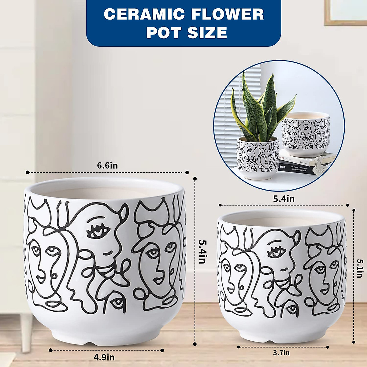 Gohearin Ceramic Planters for Indoor Plants Plant Pots 2 Pack White Flower Pots 5.4 and 6.6 Inch Decorative Succulent Pots Set with Drainage Holes for Outdoor Gardening Home
