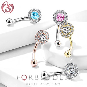 Forbidden Body Jewelry 16g 8mm Curved Barbell for Daith, Eyebrow, Rook & Belly w/Double Tier Round CZ Top, Clear/Rose Gold Tone