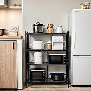 4-Tier Folding Storage Shelves Garage Shelving Unit Foldable Heavy Duty Metal Wire Shelving Organizer Standing Storage Rack Shelf No Assembly with Wheels for Kitchen Pantry Bathroom (4-Tier)