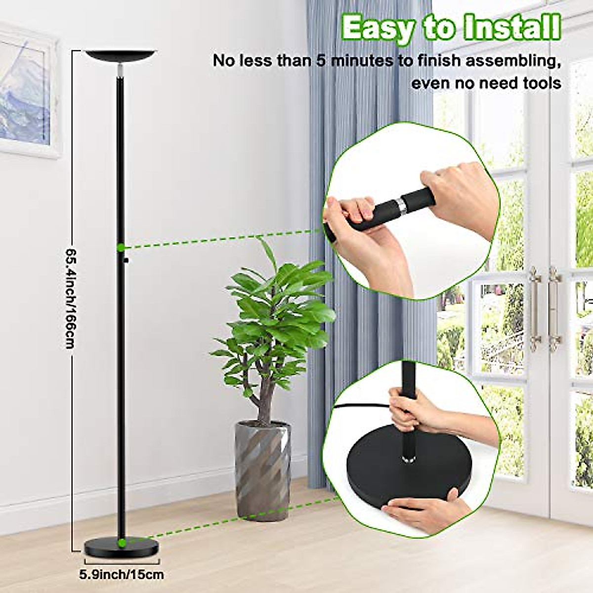 Lakumu Torchiere Floor Lamp, LED Floor Lamp, Stepless Dimmable, Tall Free Standing Light, 5000K Daylight White, Modern Sky Lamp, Super Bright Floor Lamp for Living Room Office Bedroom, Matte Black