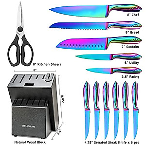 WELLSTAR Rainbow Knife Set 14 Pieces, Iridescent German Stainless Steel Kitchen Knives Set with Wooden Block, Colorful Titanium Coating, Chef’s Knife Block Set with Scissors and Built-in Sharpener