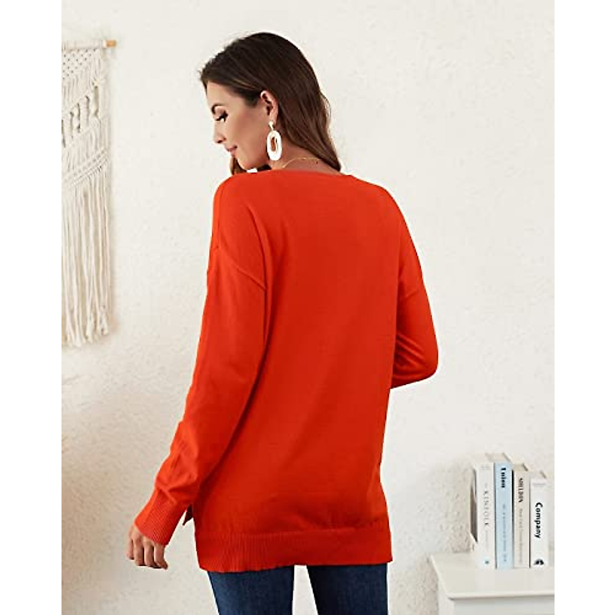 MicroStar Women's Spring Casual Lightweight V Neck Batwing Long Sleeve Knit Top Loose Pullover Sweater Orange