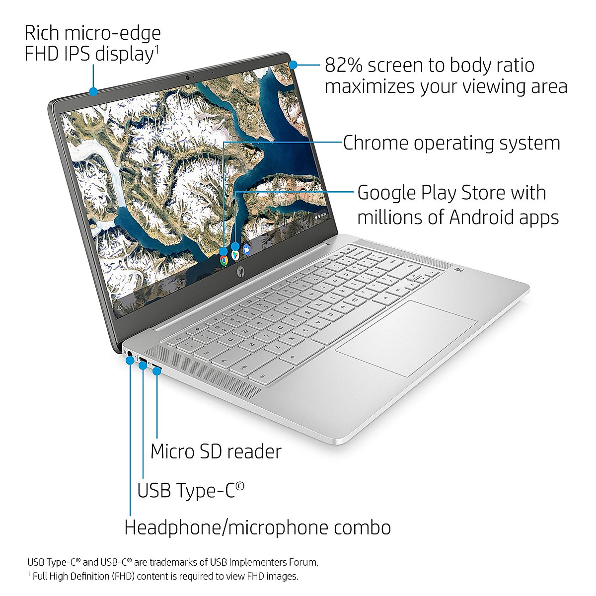 HP Chromebook 14-inch FHD Laptop, Intel Celeron N4000, 4 GB RAM, 32 GB eMMC, Chrome (14a-na0060nr, Ceramic White)