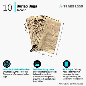 Sandbaggy Burlap Sand Bags - Size: 14" x 26" - 50 lb Weight Capacity - For Flooding, Flood Water Barrier, Tent Sandbags, Store Bags - Sandbags-Sand Not Included - Sand Bags for Flooding(10 Bags)