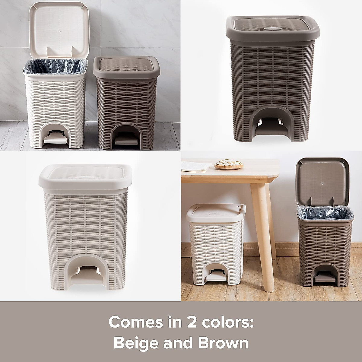 Rattan Style Plastic Garbage Can - Touchless Trash Can with Foot Pedal - Step On Trash Can with Lid - Double Barrel Trash Can for Bathroom - Kitchen Trash Can - Pop Up Trash Bin - 7.8"x12.4" - Beige