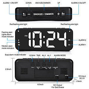 SZELAM Alarm Clock for Heavy Sleepers Adults,with Vibration Bed Shaker,2 Alarms,4 Levels Brightness,6.5" LED Digital Desk Clocks for Hearing Impaired Deaf Teens Bedroom (Black-White)