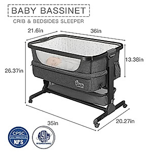 SKIH Baby Bedside Sleeper,Baby Bassinets,Quick Assemble Travel Bassinet with Storage Basket,Portable Baby Crib for Safe Co-Sleeping,Adjustable Baby Playard for Infant Newborn(Charcoal Grey)