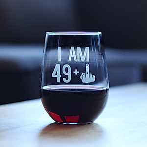 49 + 1 Middle Finger - 50th Birthday Stemless Wine Glass for Women & Men - Cute Funny Wine Gift Idea - Unique Personalized Bday Glasses for Best Friend Turning 50 - Drinking Party Decoration