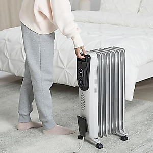 Amazon Basics Oil Heater, Radiator Heater for Indoor Use, With Over-Heat Protection, 7 Oil-Filled Steel Fins, 3 Heat Settings, ETL-certified Safety, 1500W, White, 11"D x 14.8"W x 25.2"H