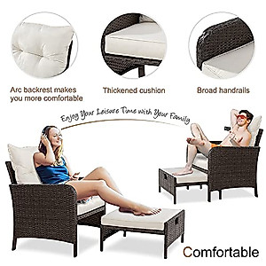 Vongrasig 5 Piece Wicker Patio Furniture Set, All Weather PE Wicker Rattan Outdoor Chair and Ottoman Set, Small Cushioned Patio Chairs with Ottoman Underneath for Lawn Garden Backyard (Beige)