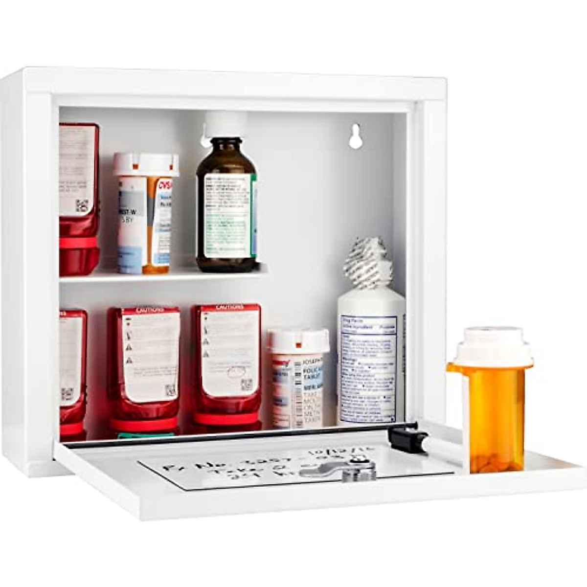 Barska Key Lock Wall Mount Small Security Magnet Erase Pad, Shelf, Stickers Medical Cabinet, White