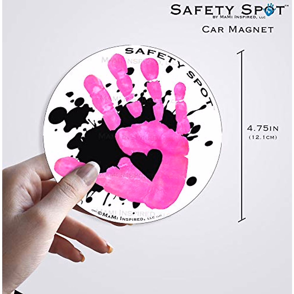 Safety Spot Magnet - Kids Handprint for Car Parking Lot Safety - White with Black Splat Background (Blue)