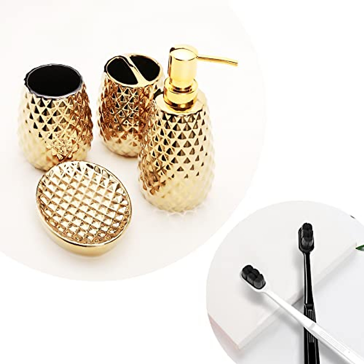 Ceramic Bathroom Accessories Set 4 Piece Contain Toothbrush Holder, Tumbler, Soap Dispenser, Soap Dish, Accessories para baño for Restroom Apartment Bathroom Decor Stuff and Gift Set （Gold）