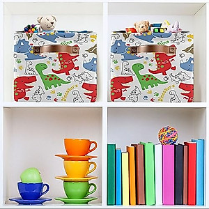 Cute Cartoon Dinosaurs Storage Basket Collapsible Storage Bins Cubes Fabric Clothes Hamper Box Toy Chest Gift Baskets for Shelves Office Nursery Home Shoes with Leather Handles