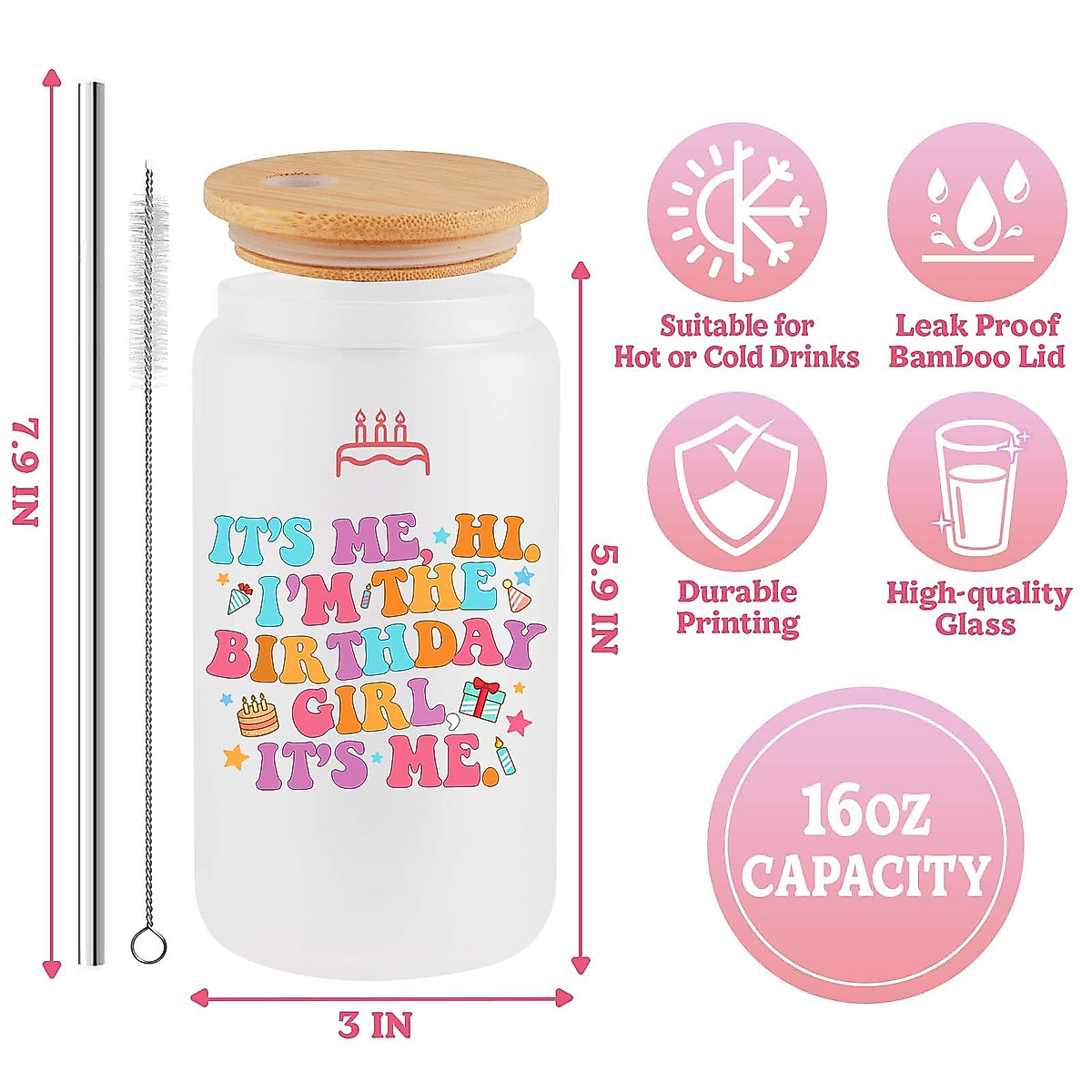 COCOGIFTS Birthday Merch Gifts for Music Lover - 16oz Glass Cup - Birthday Stuff Gifts for Girls - Birthday Decorations - Its Me Hi Im The Birthday Girl Its Me