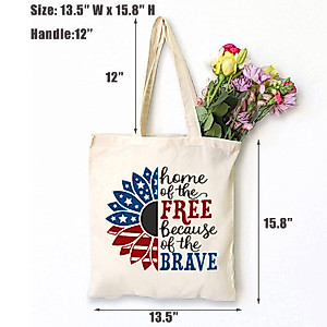 TSIIUO Women's American Flag Sunflower Retro Canvas Tote Bag Funny 4th of July Patriotic Reusable Aesthetic Shopping Bag White