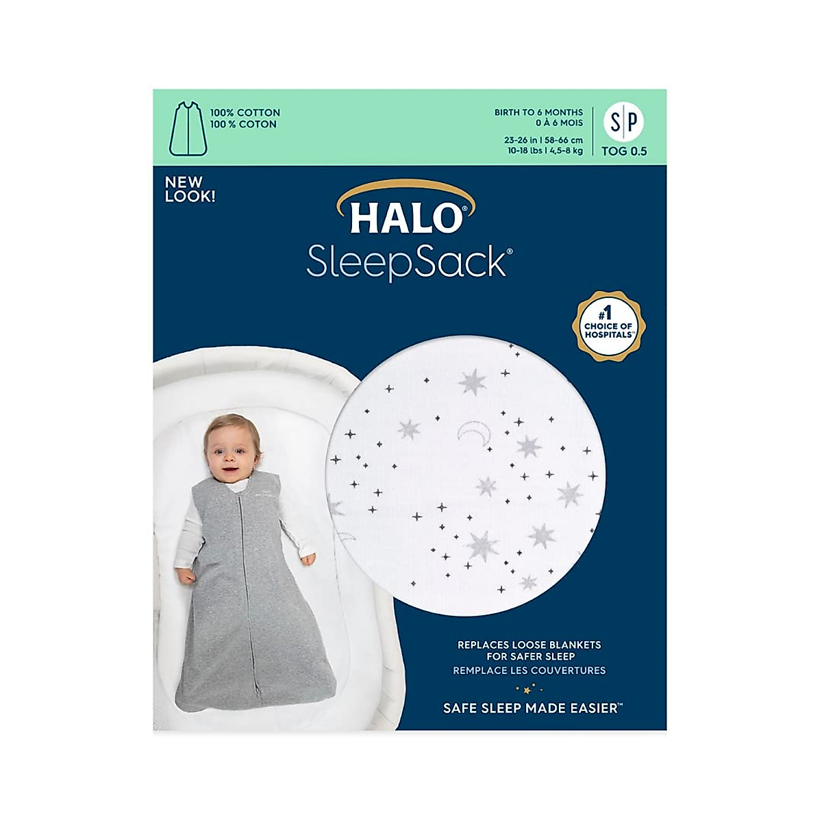 HALO Sleepsack 100% Cotton Wearable Blanket, TOG 0.5, Midnight Moons, Medium, 6-12 Months