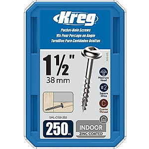 Kreg SML-C150-250 Zinc Pocket Screws, 1-1/2 Inch #8 Coarse Thread, Maxi-Loc Head (250 Count)