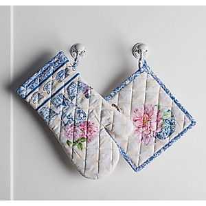 Maison d' Hermine Oven Mitt + Pot Holder 100% Cotton Heat Resistant Kitchen Oven Gloves (7.5"x13") & Hot Pads (8"x8"), Chef, Women & Men Parties, Birdies On Wire - Spring/Summer