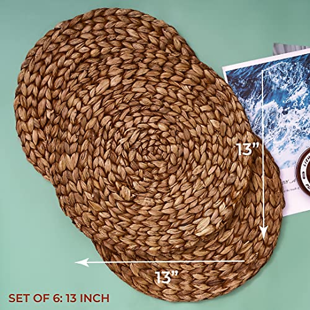 (4 Sizes: 12"-13"-14"-15") BARIEN Brown Woven Placemats Round Set of 6, Natural Water Hyacinth Weave Placemat for Dining Table, Large Handmade Woven Placemats Heat Resistant Non-Slip (13" - Set of 6)