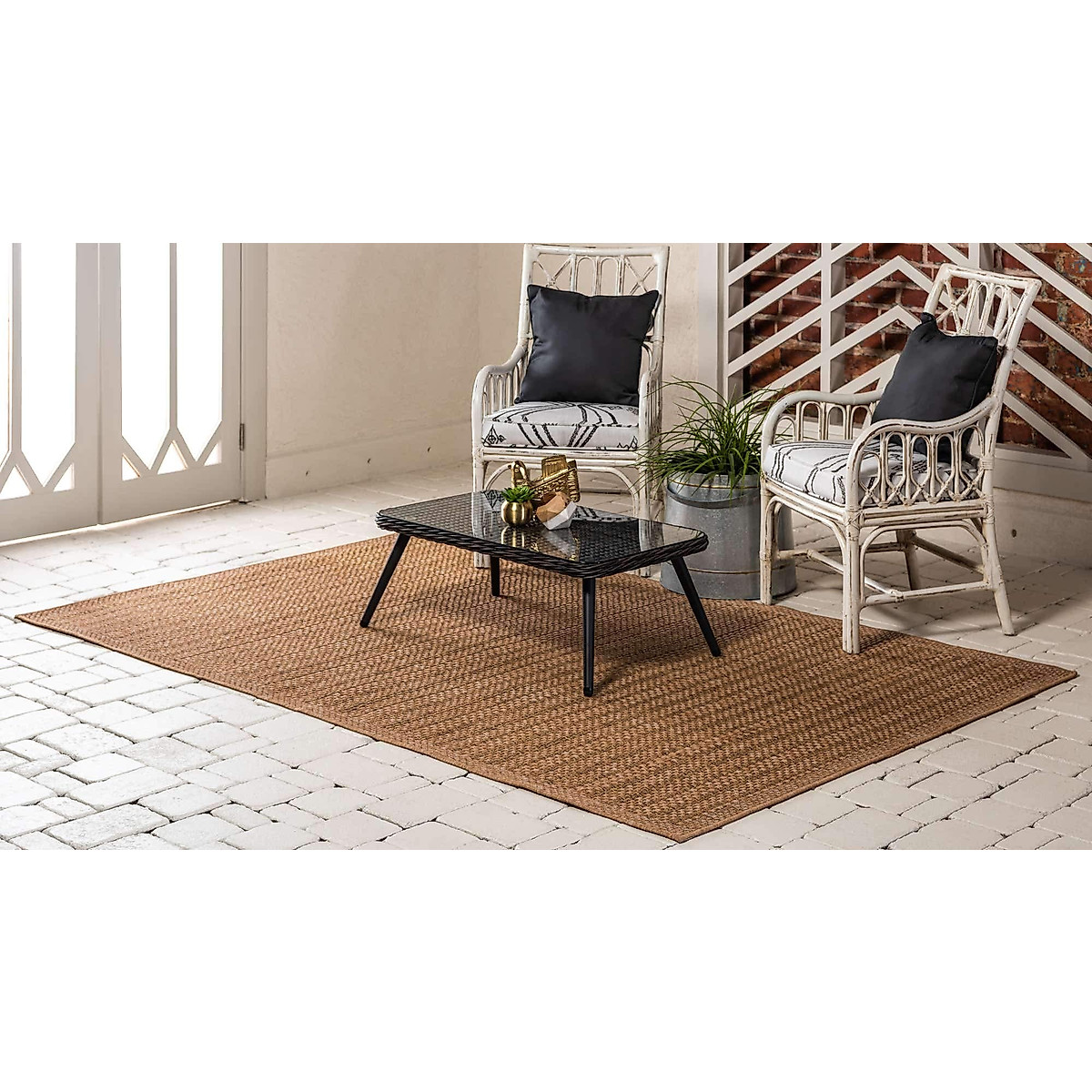 Unique Loom Outdoor Border Collection Area Rug - Checkered (8' x 11' 4" Rectangle, Light Brown)